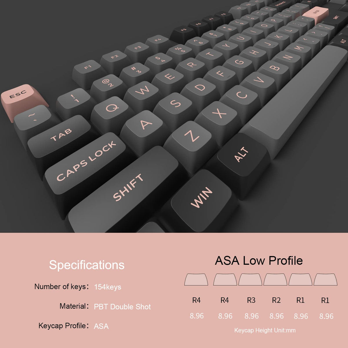 Black & Pink Keycap Set ASA Low(155-key)